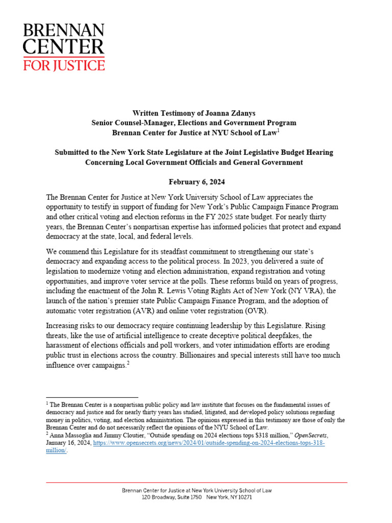 Joanna Zdanys Feb. 6, 2024 Budget Testimony (Brennan Center) | PDF ...