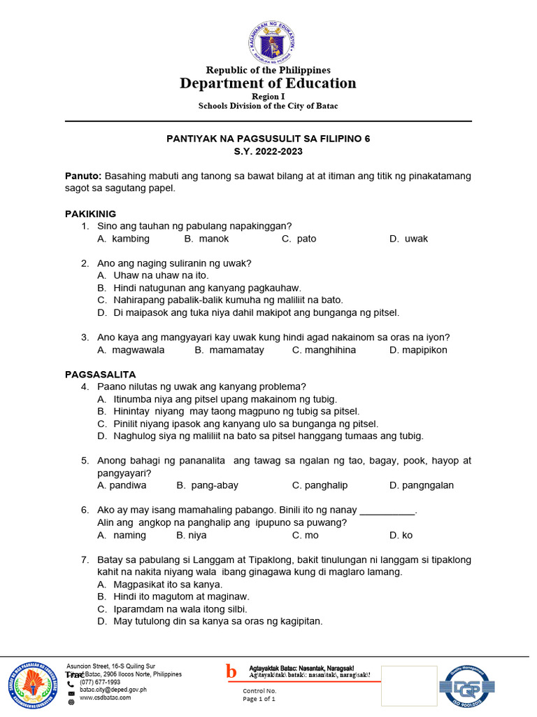 Filipino 6 Test Questions | PDF