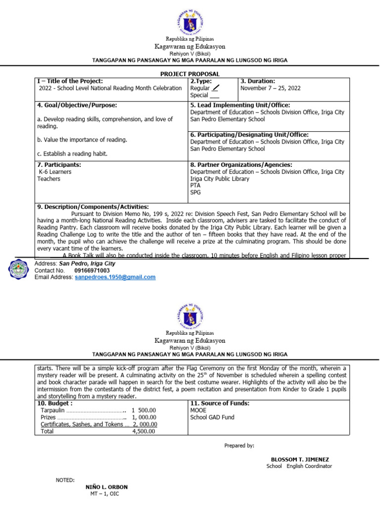 SPES Reading Month Proposal | PDF | Learning
