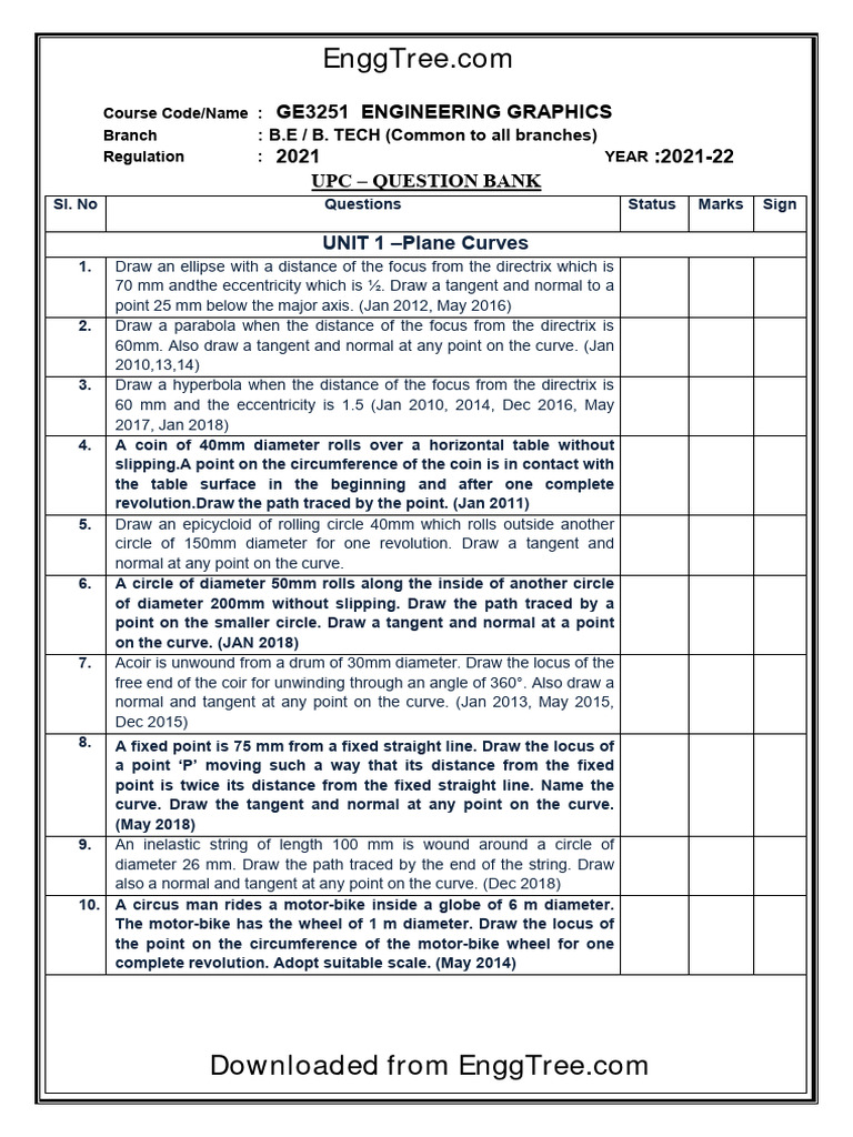 GE3251 Engineering Graphics Question Bank 1 | Download Free PDF ...