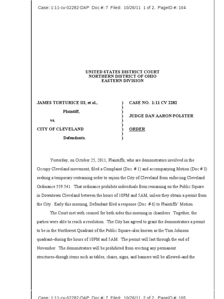 #Occupycleveland Order 10.25 | PDF | Injunction | Complaint