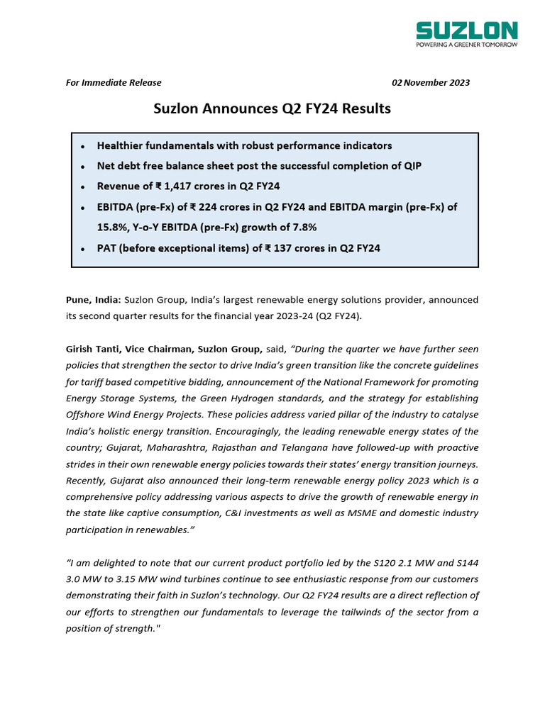 Suzlon Q2 FY24 Financial Results | PDF | Renewable Energy | Wind Power