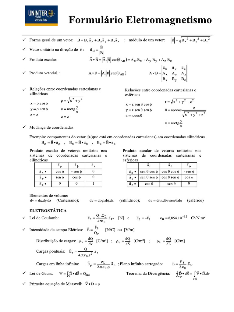Formulario Eletromagnetismo | PDF