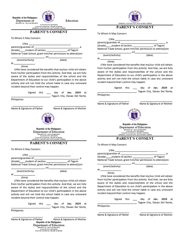 Parent's Consent Form for School Activity | PDF | Human Development ...