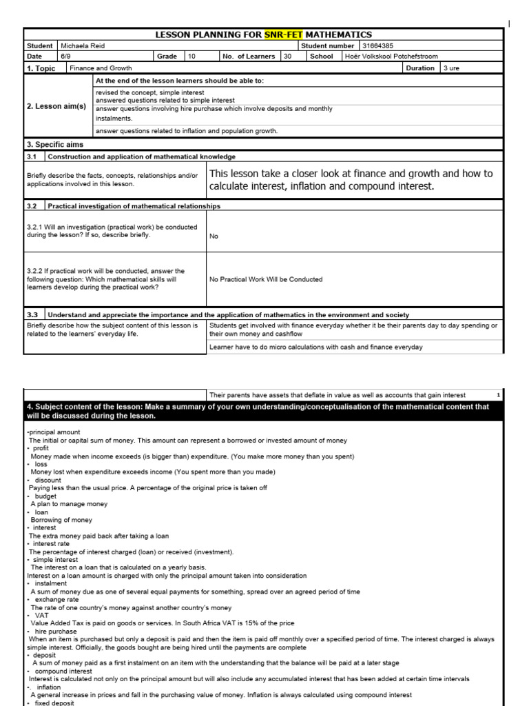 Lesson Planning Template SNR-FET Mathematics February 2023-1-3 | PDF ...