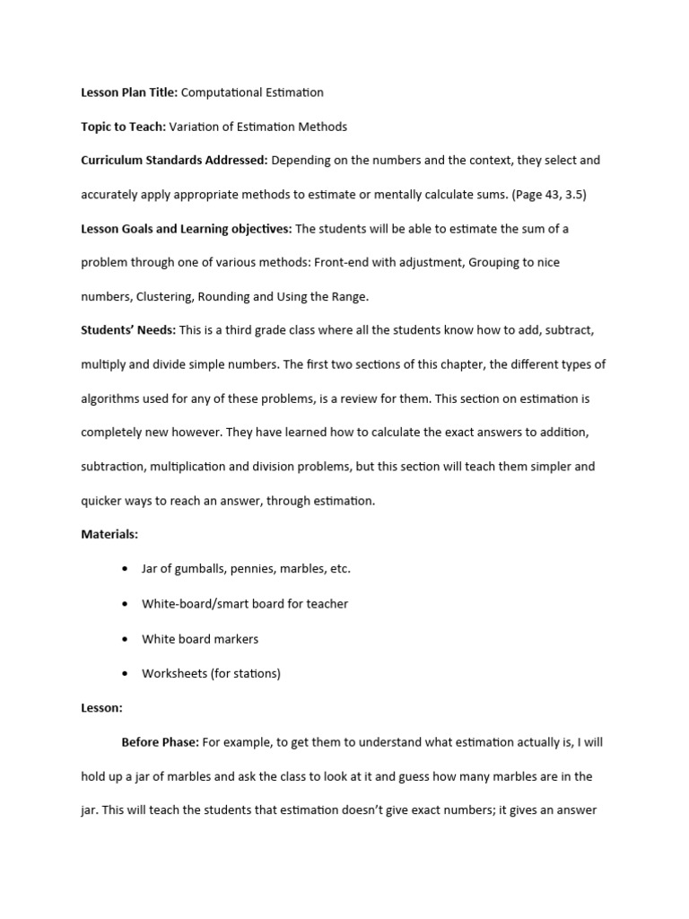 Final Lesson Plan | PDF | Estimation | Multiplication
