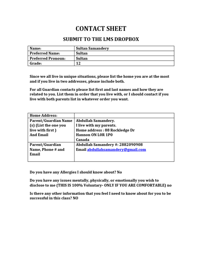 Student Contact Information Sheet | PDF | Wellness