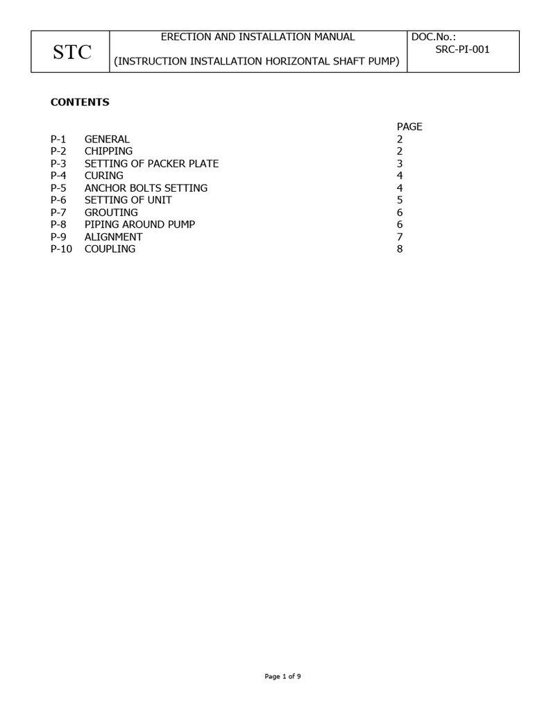 ERECTION PROCEDURE Horizontal Shaft Pump | PDF | Pump | Building Materials