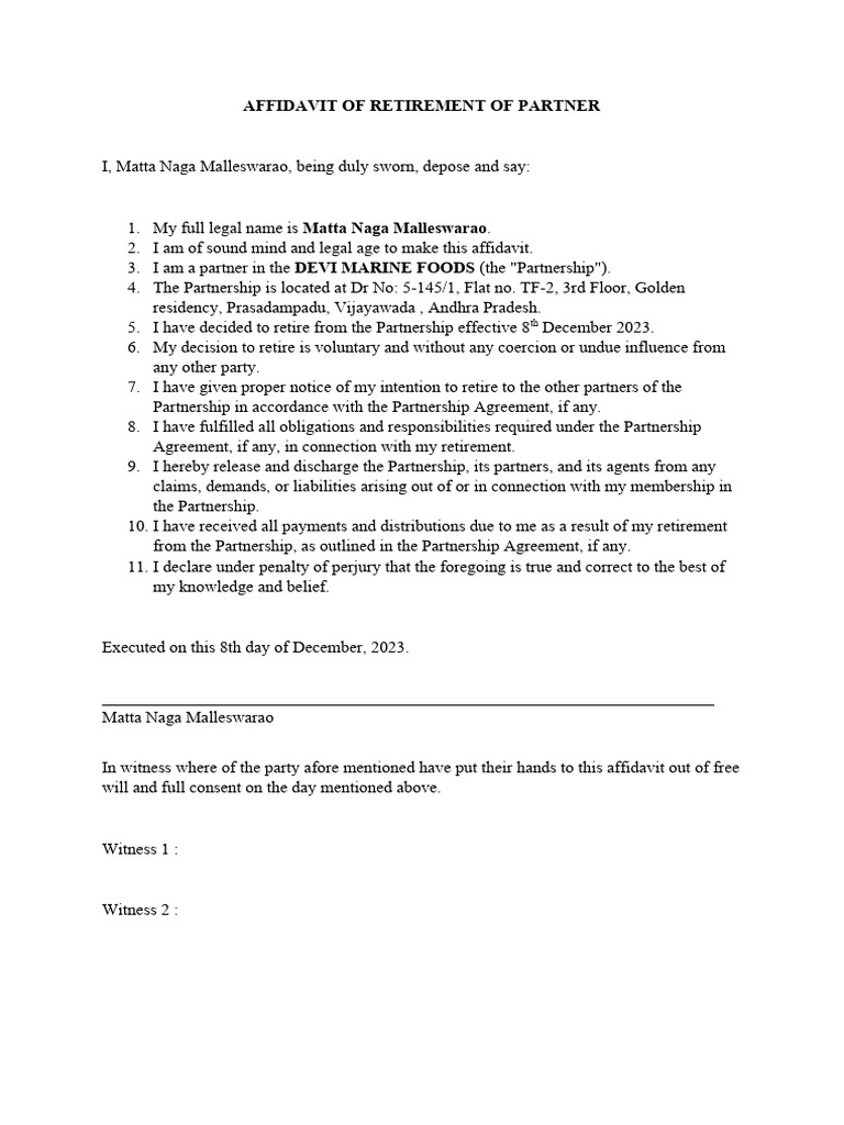 Affidavit of Partner Retirement | PDF