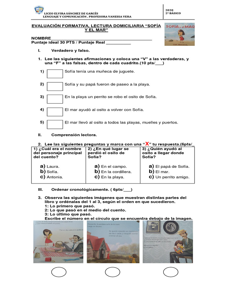 Evaluación Formativa Sofia y El Mar 2 | PDF