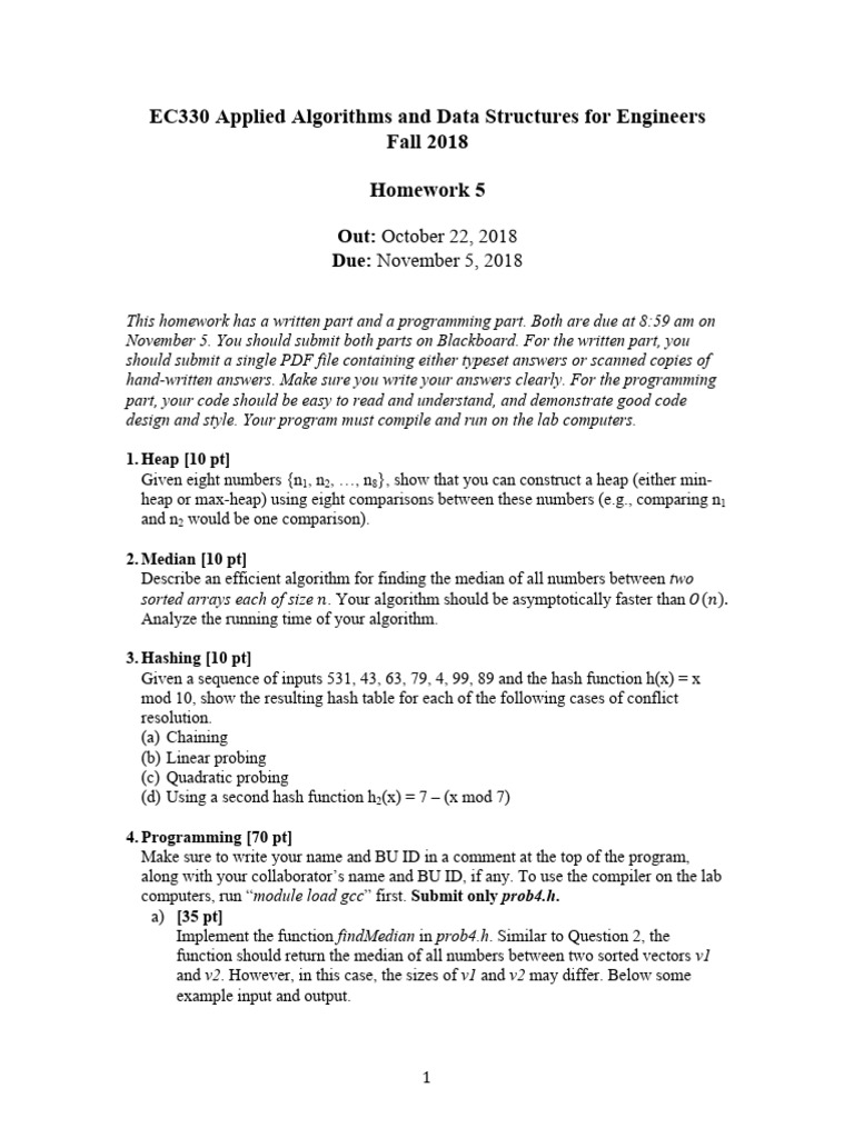 Ec330 Applied Algorithms And Data Structures For Engineers Fall 2018 Homework 5 Pdf Computer