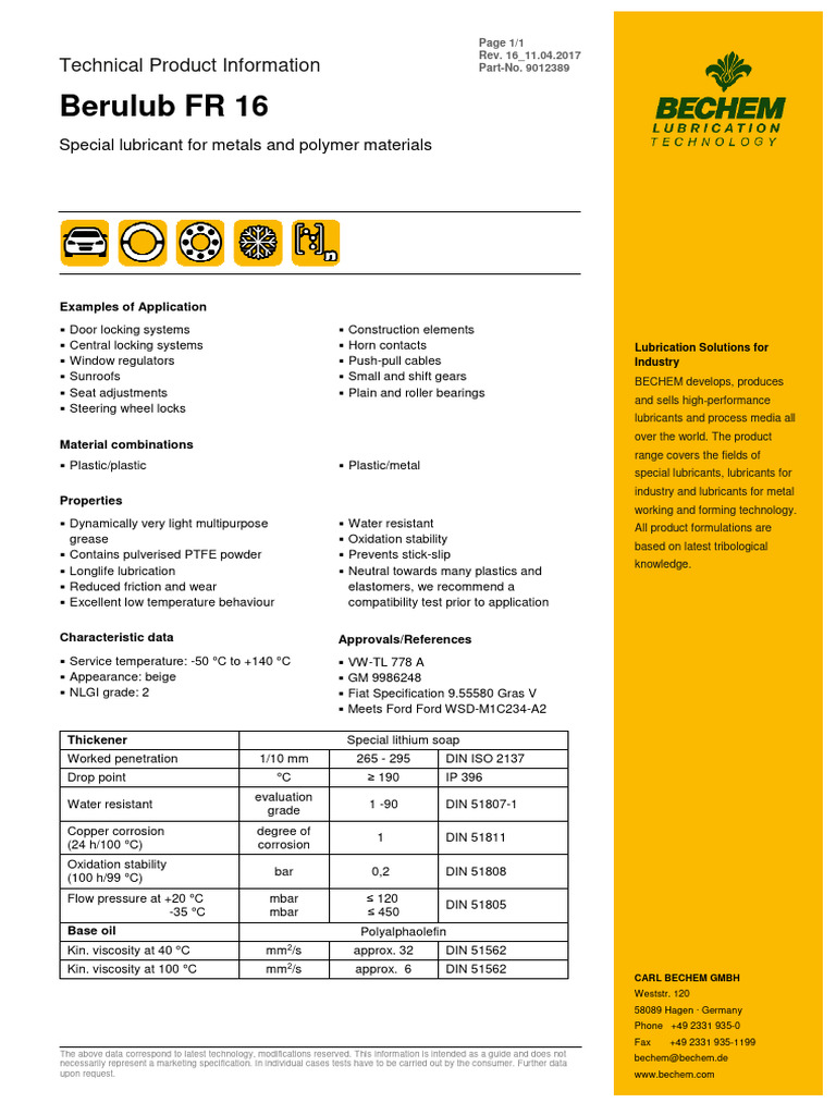 BERULUB FR 16 Tds | PDF | Lubricant | Materials Science