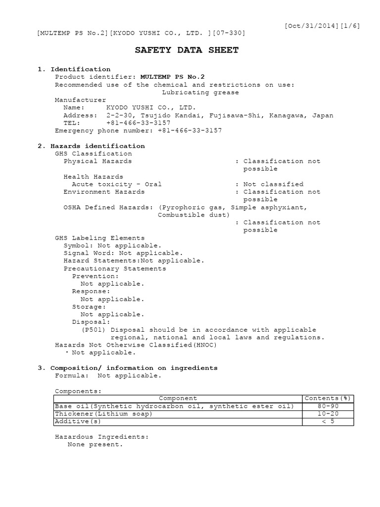 MULTEMP PS No. 2 - MSDS | PDF | Labor Relations | Occupational Safety ...