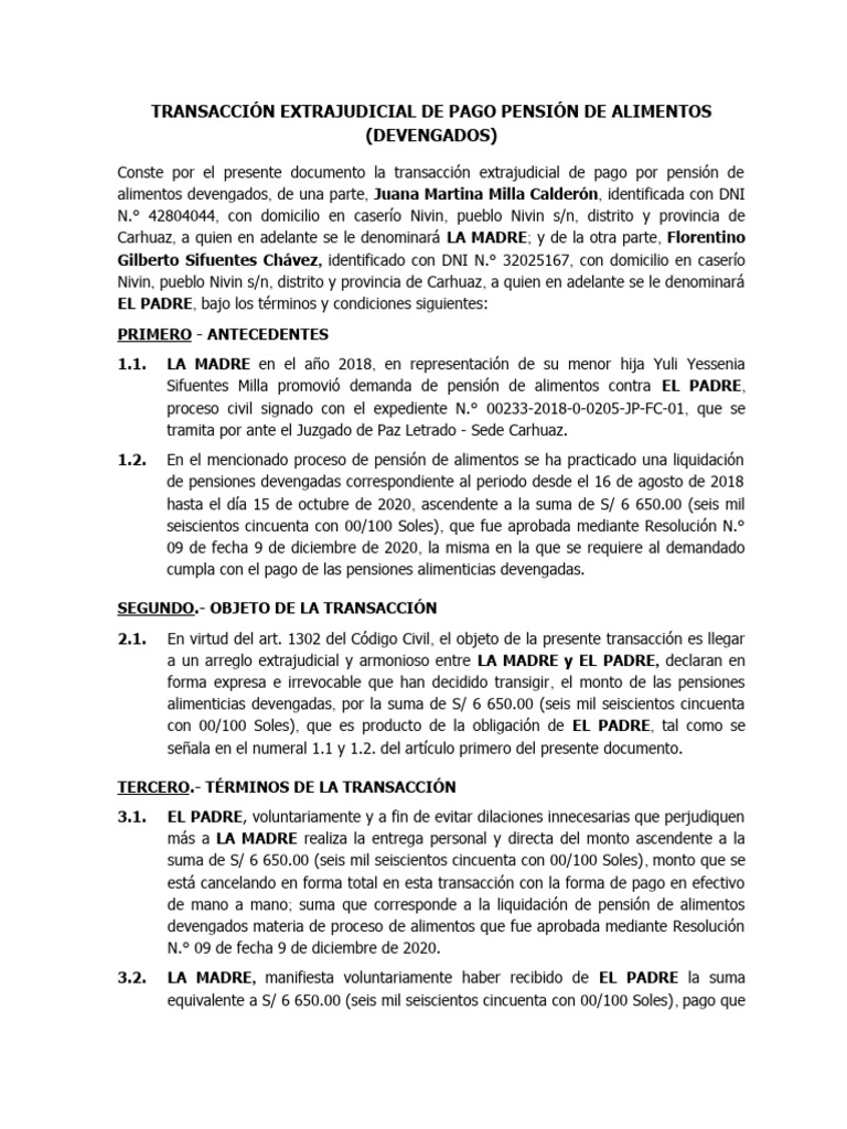 Acuerdo de Pago de Pensión Alimenticia | PDF | Pensión alimenticia