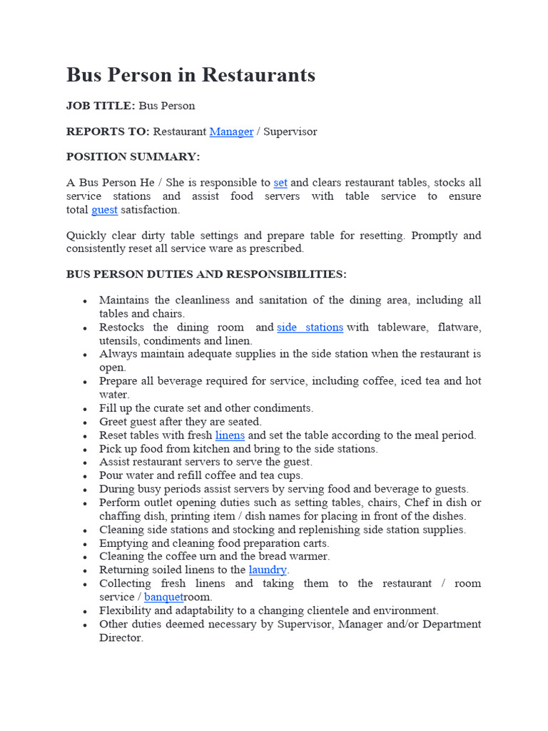 Bus Person Job Description in Restaurants | PDF | Wellness | Technology ...