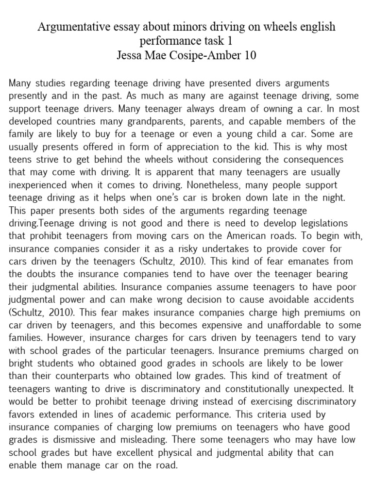 Argumentative Essay on Teenage Driving | PDF | Adolescence | Driving