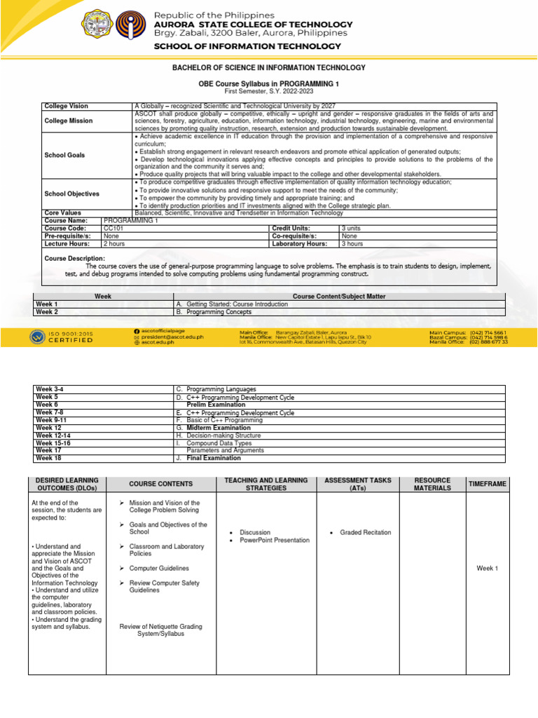 Programming1 Syllabus Pdf Computer Programming Control Flow 1897