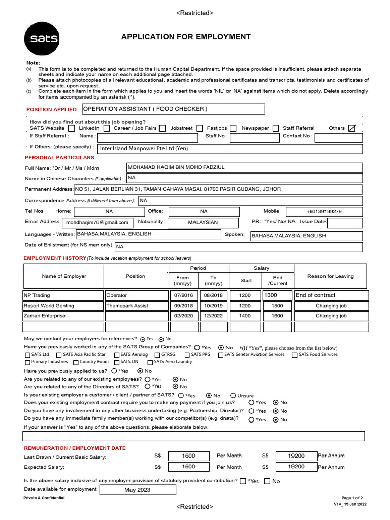 SATS Job Application Form | PDF | Background Check | Justice