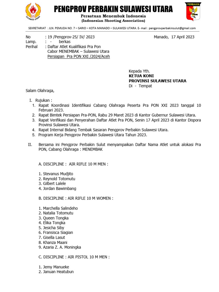 Surat Ke Koni Atlet Siap Pra Pon | PDF