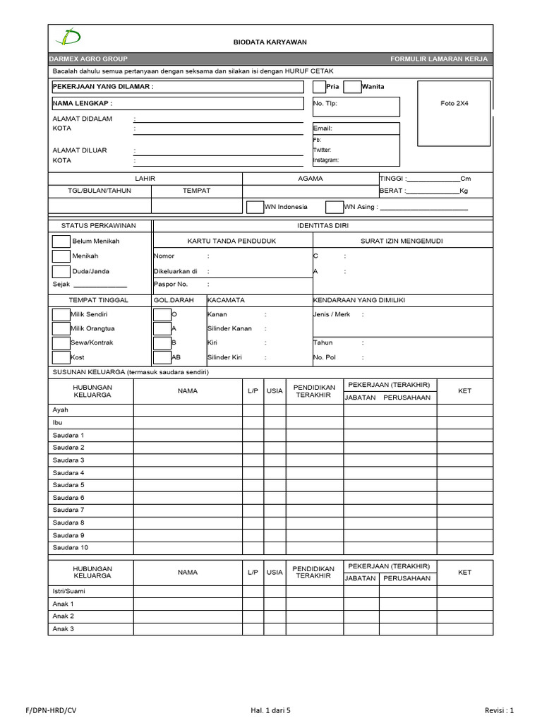 Formulir Lamaran Kerja Darmex | PDF