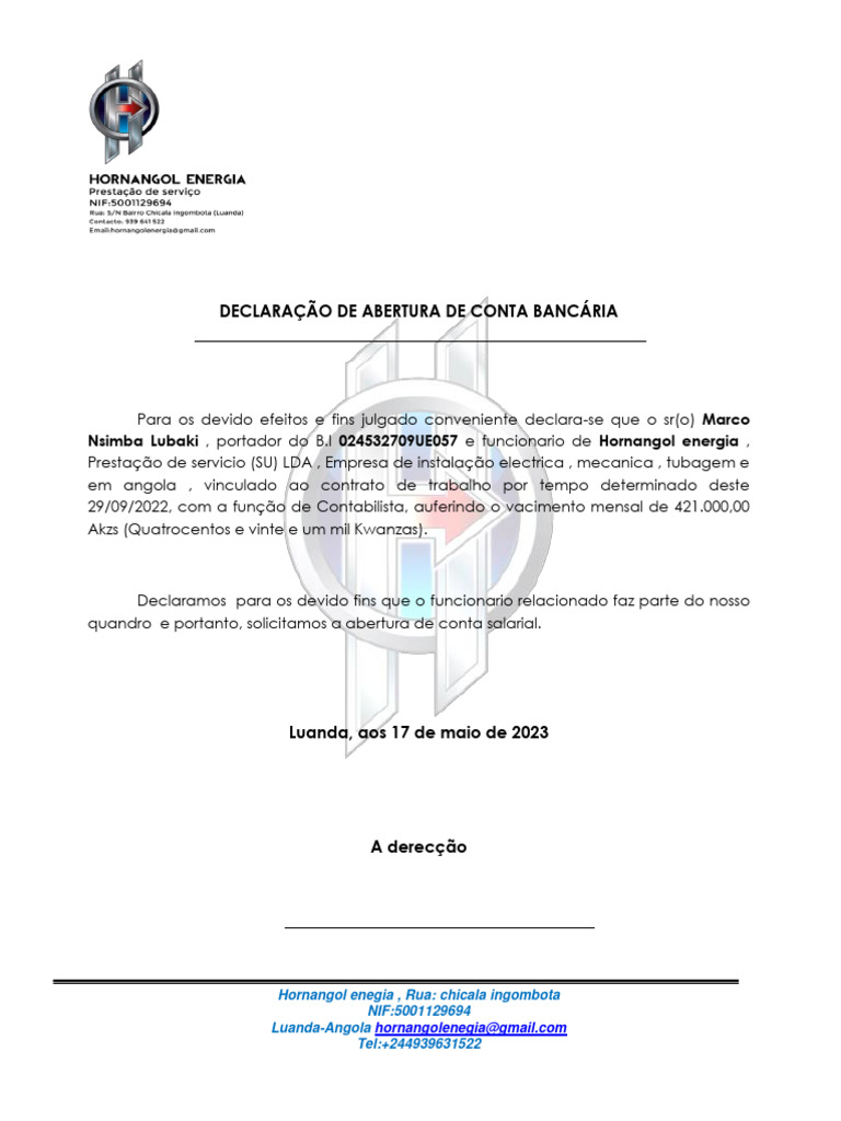 Declaração para Abertura de Conta Bancária | PDF