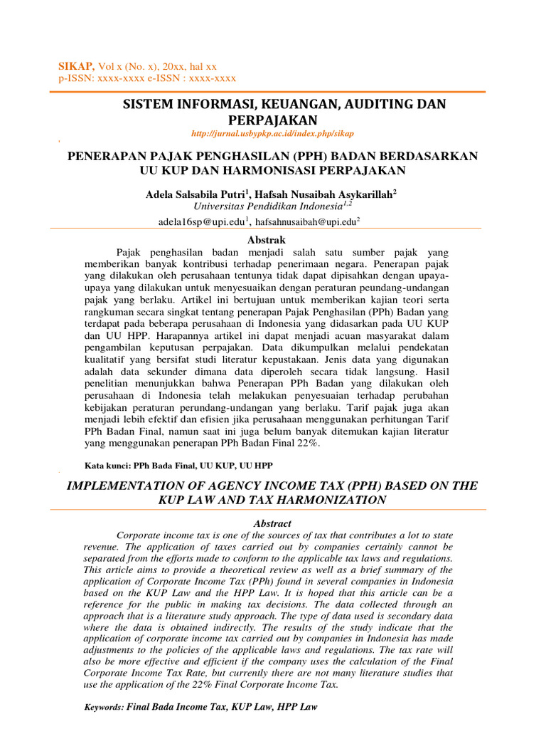 Penerapan Pajak Penghasilan (PPH) Badan Berdasarkan Uu Kup Dan ...