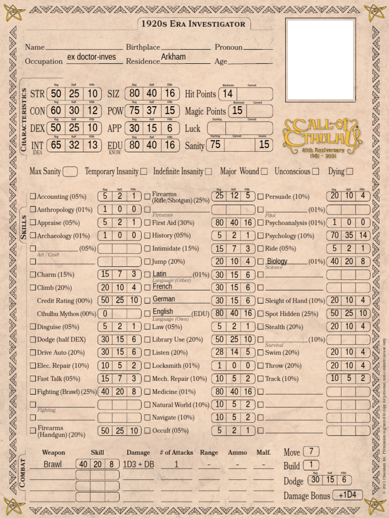 STR SIZ Hit Points DEX APP Luck INT EDU Sanity CON POW Magic Points | PDF