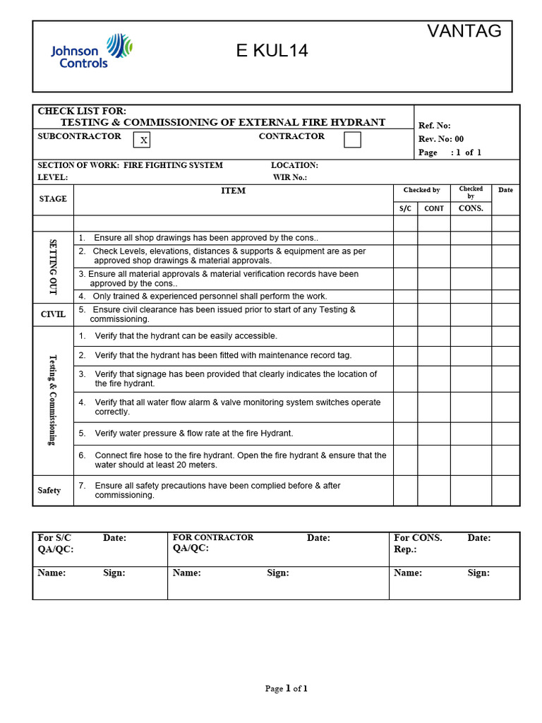 Testing & Commissioning Checklist Fire Hydrant | PDF | Safety ...