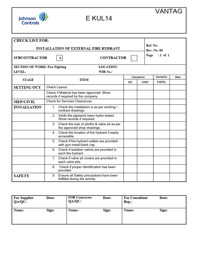 Checklist Fire Hydrant Installation | PDF | Hydraulics | Engineering
