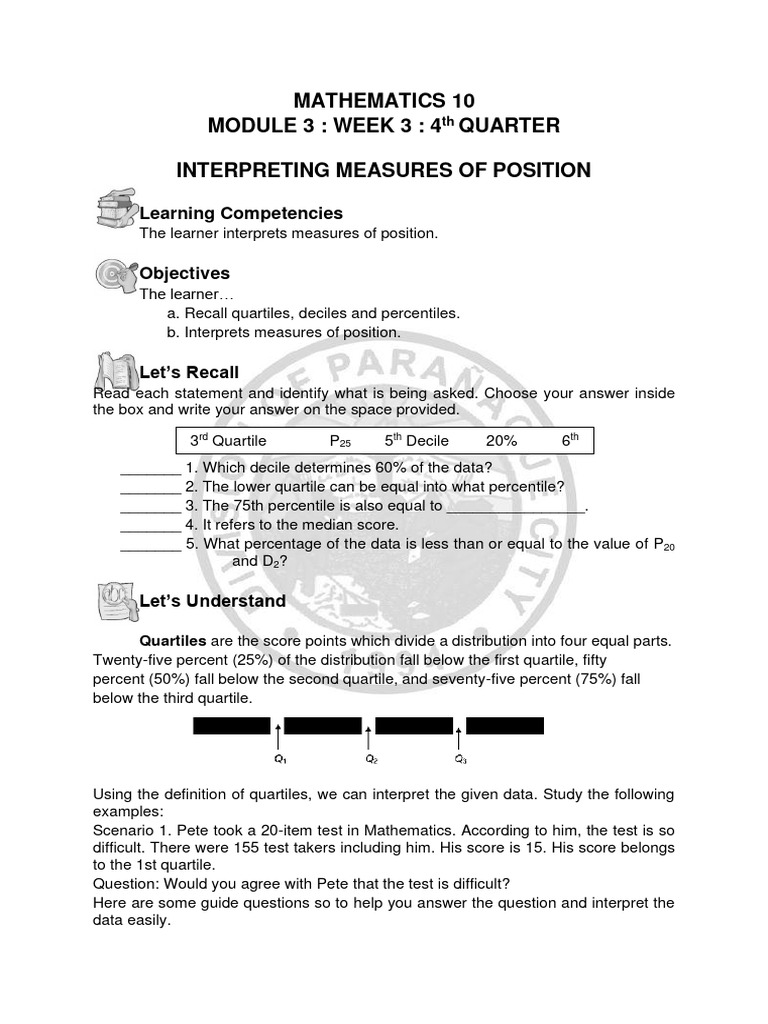 Math Grade10 Quarter4 Week3 Module3 | PDF | Percentile | Quantile