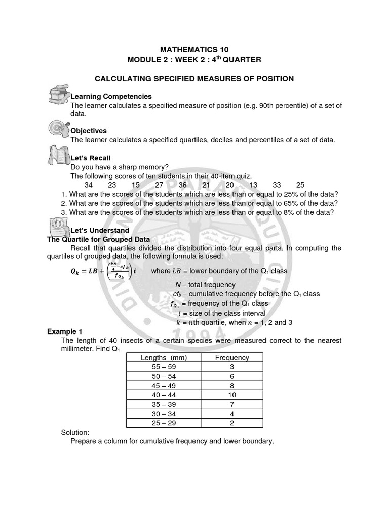 Math Grade10 Quarter4 Week2 Module2 | PDF | Percentile | Quartile