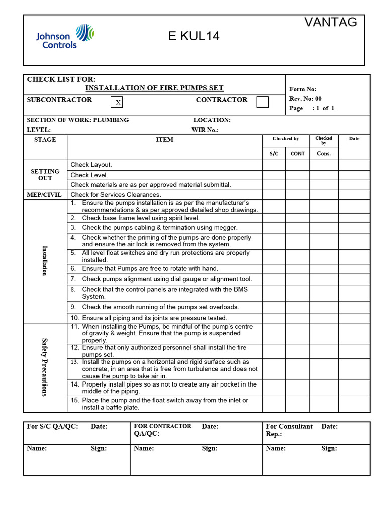 Installation Checklist For Fire Pumps | PDF | Pump | Equipment