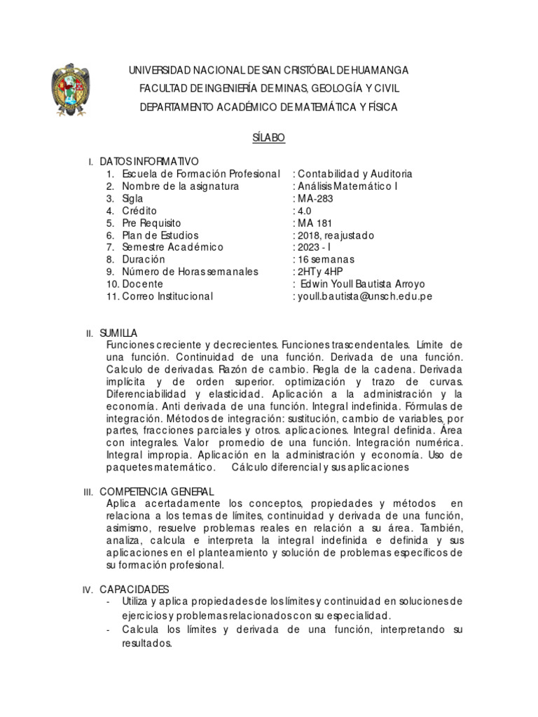 Silabo - MA-283 - Analisis Matematico | PDF | Derivado | Integral