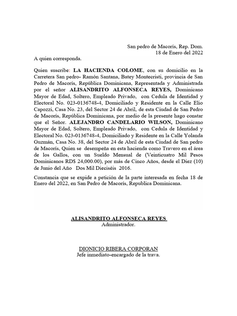 Constancia Laboral de Alejandro Candelario | PDF