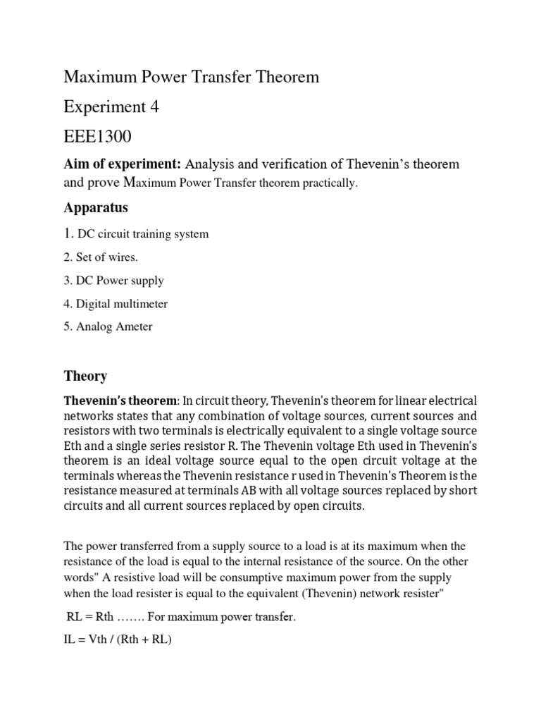 Maximum Power Transfer Theorem Experiment | PDF | Electrical Network ...
