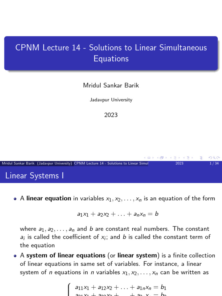CPNM Lecture 14 Solutions To Linear Simultaneous Equations | PDF | System Of Linear Equations ...