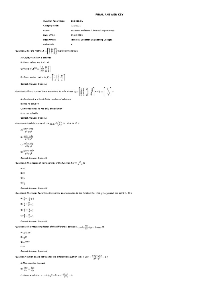 Final Answer Key Asst Profesor Chemical Engineering | PDF | Equations | Differential Equations