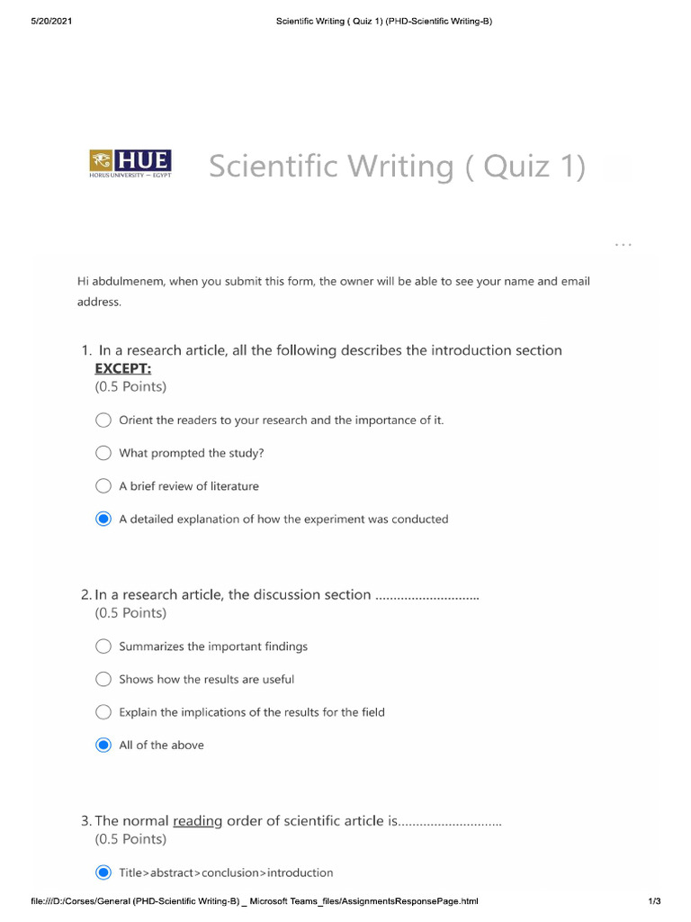Scientific Writing (Quiz 1) محلول | PDF