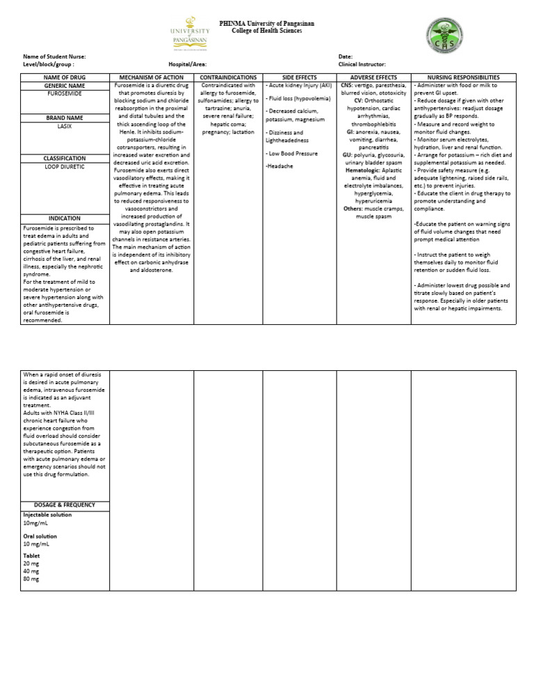 Drug Study Furosemide | PDF | Clinical Medicine | Medical Specialties
