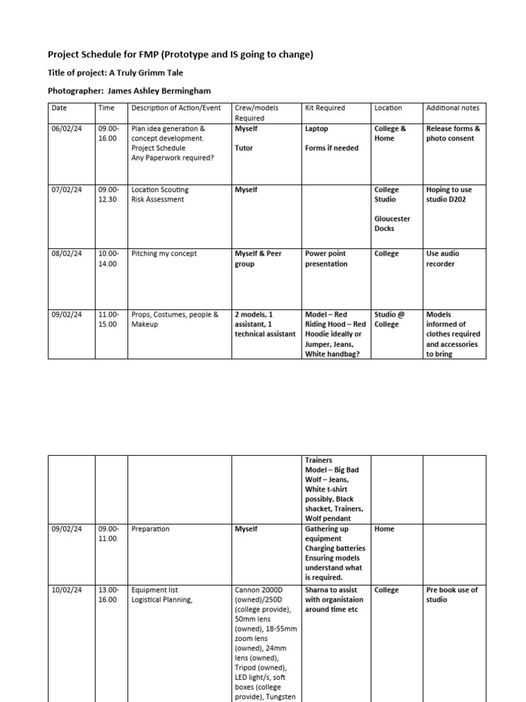 Photography Schedule Planner | PDF | Imaging | Photography Equipment