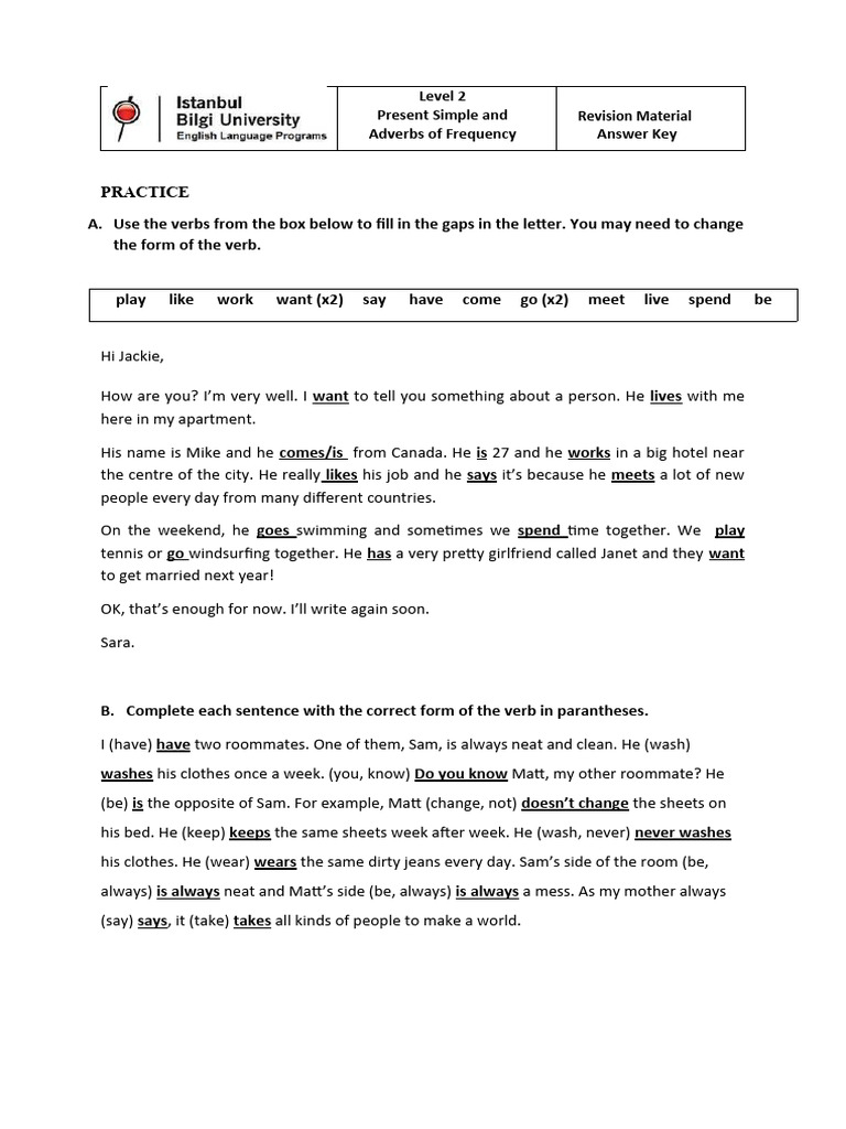 Week 1 Simple Present Review Material Answer Key | PDF | Verb | Adverb