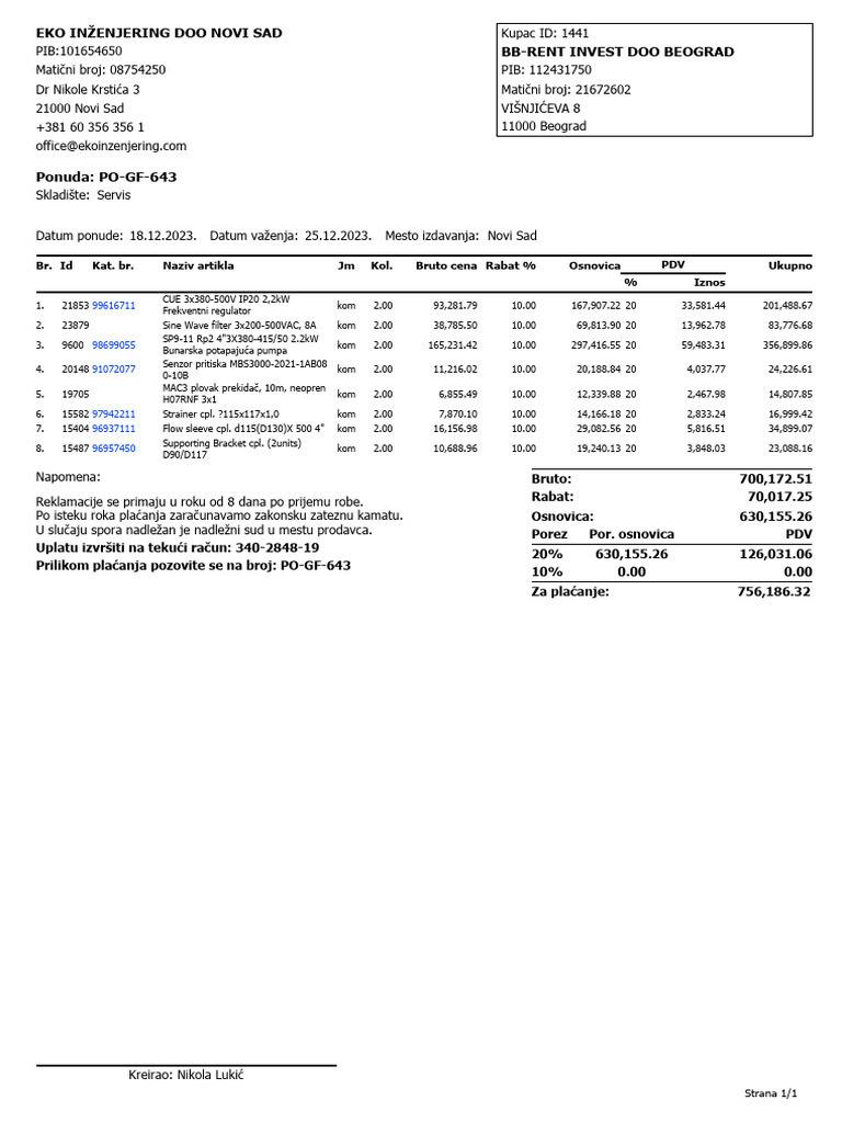 Ponuda - PO - GF - 643 - BB Rent | PDF