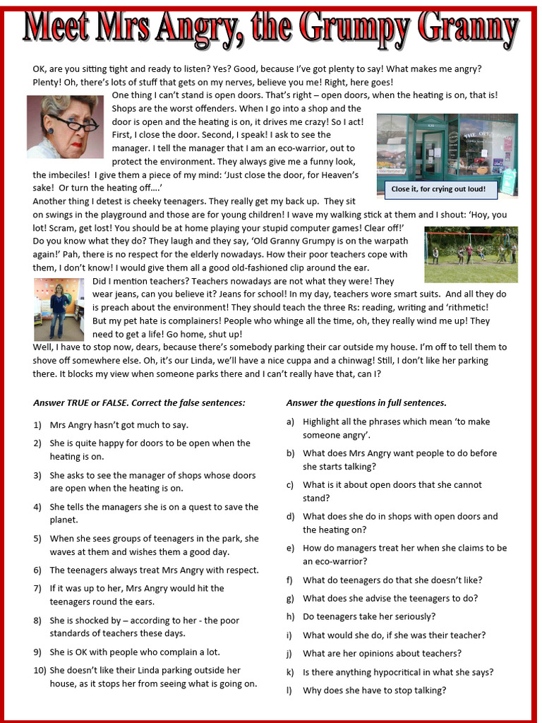 Reading Comprehension Mrs Angry Reading Comprehension Exercises ...