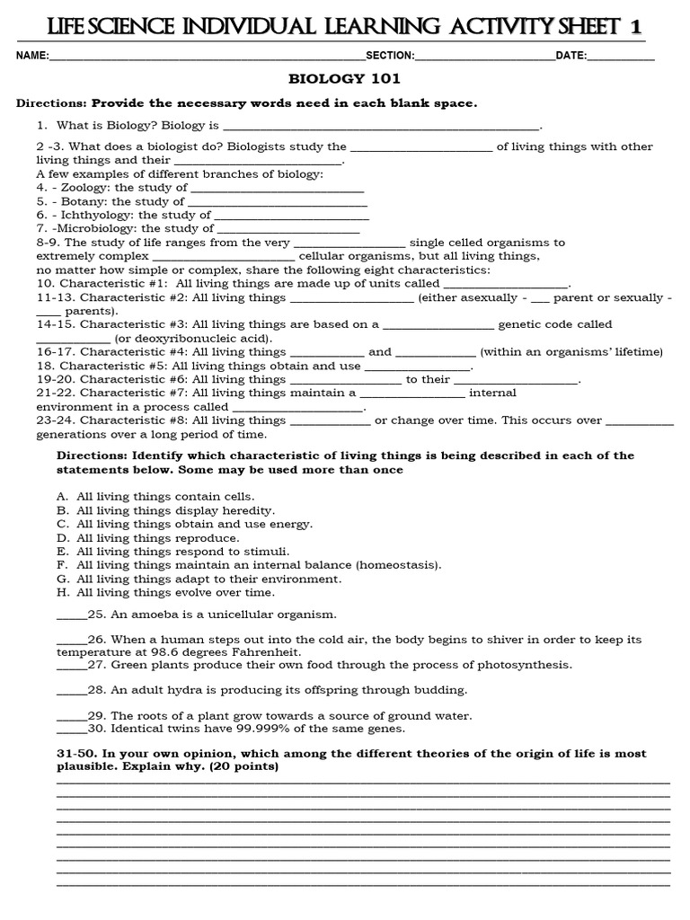 Ls Individual Learning Activity Sheet 1 | PDF | Organisms | Biology