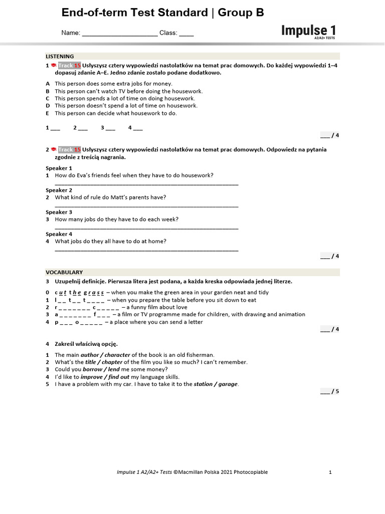 End-of-Term Test for Impulse 1 A2/A2+ | PDF