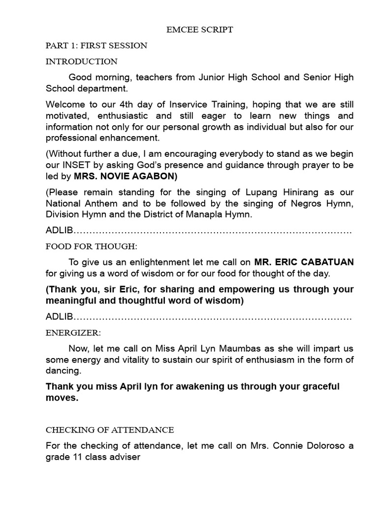 Emcee Script | PDF | Human Communication | Cognition