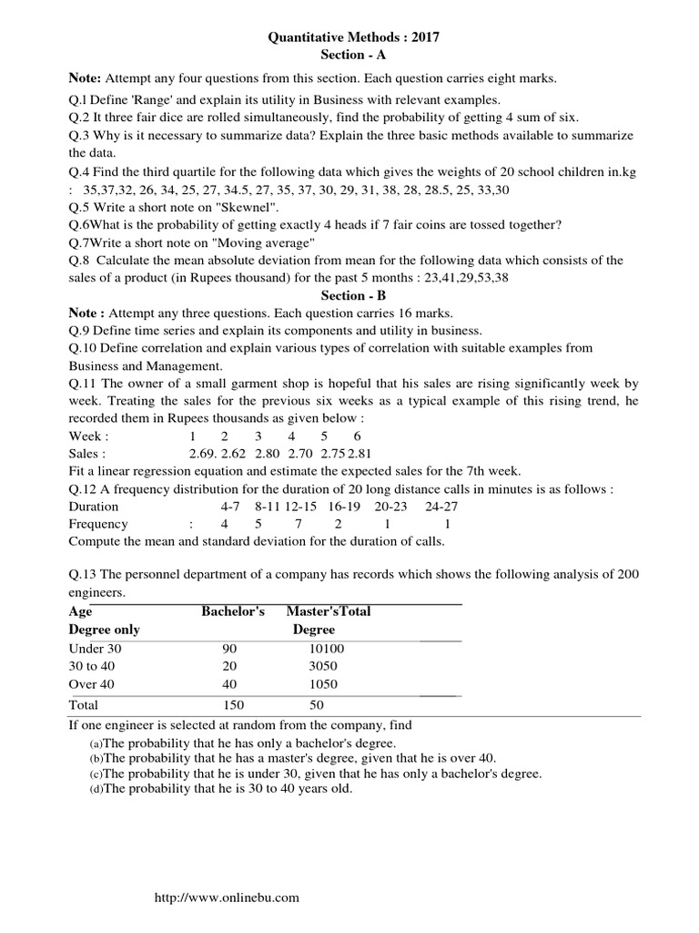 Quantitative Methods MBA 1st Sem Exam Guide | PDF | Statistics ...