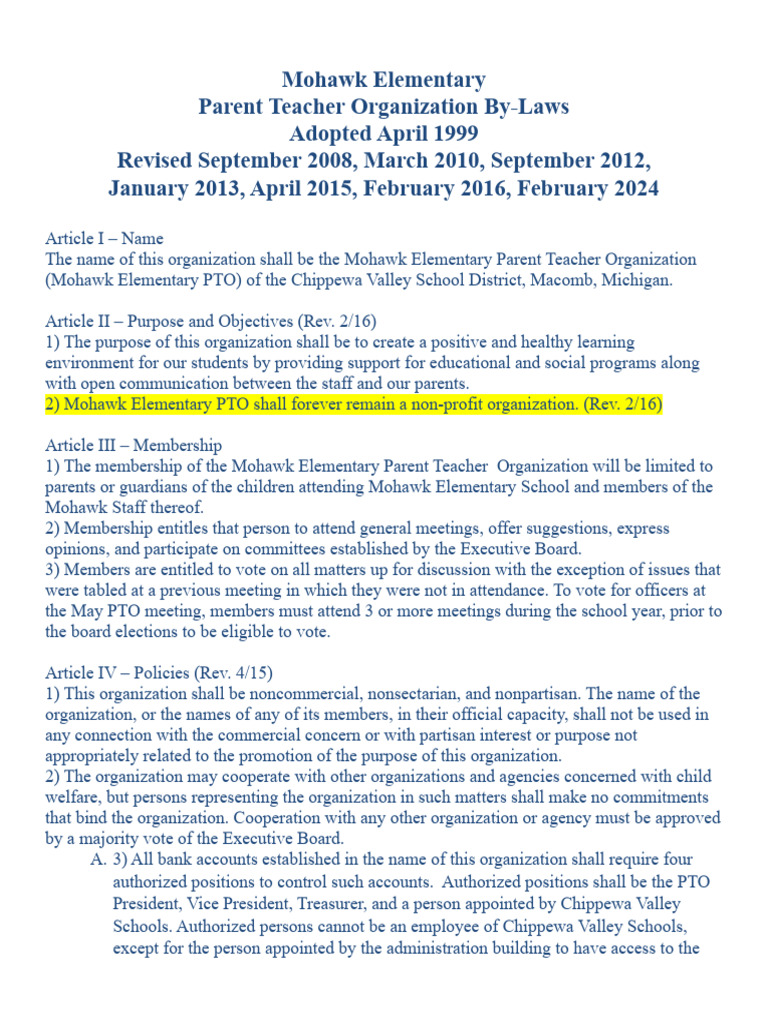 Mohawk Pto By-Laws Revised 2024 2 | PDF | Board Of Directors ...
