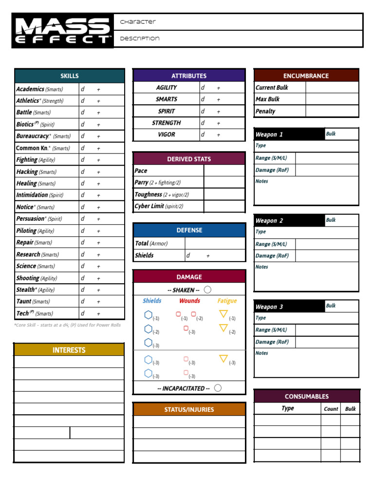 Character Sheet (p1 & 2) - Mass Effect | PDF | Role Playing | Entertainment