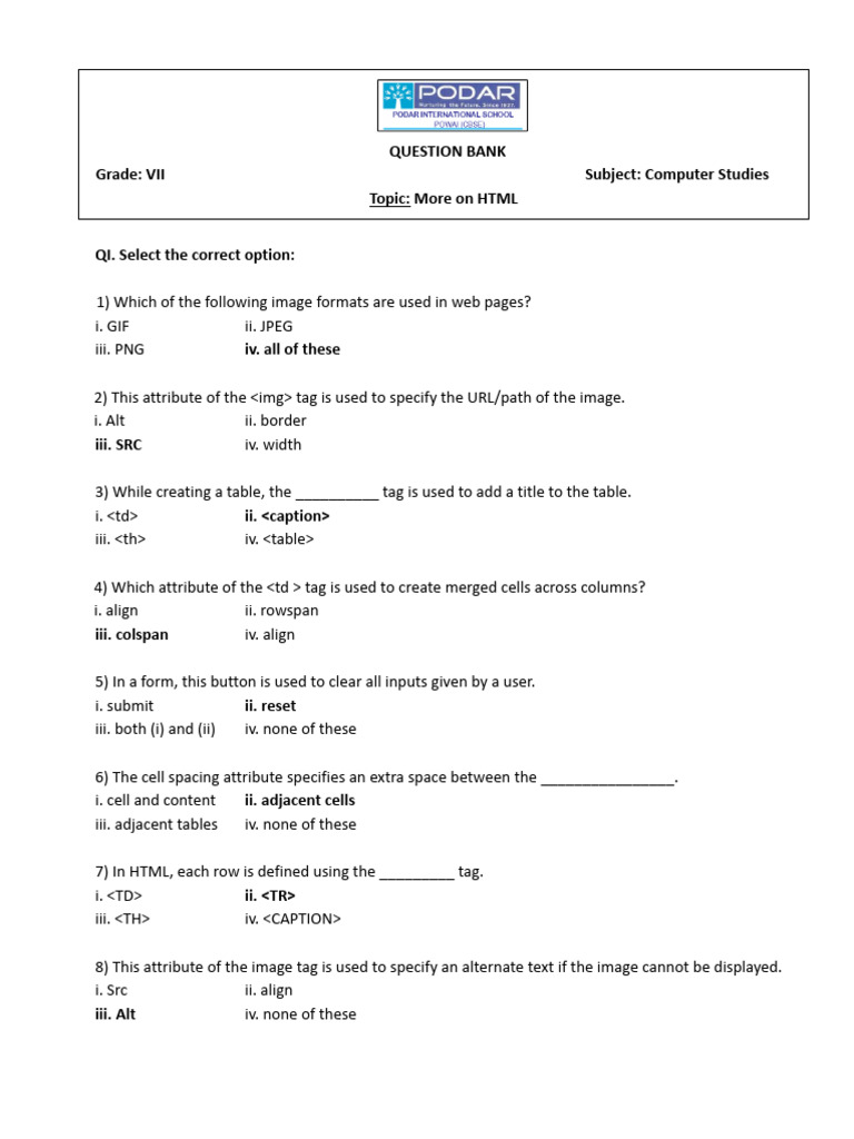 AS - QB - VII - More On HTML | PDF | Html Element | Hyperlink
